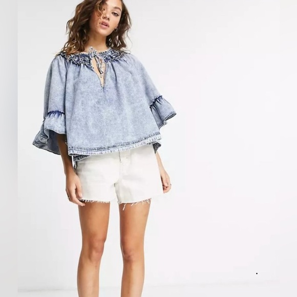 Free People | Tops | Free People Ainsley Denim Ruffle Top S | Poshmark